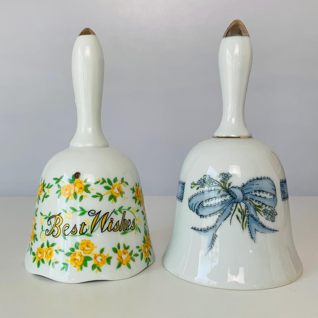 2 VINTAGE ENESCO BELLS, 5-1/4" T Enesco Porcelain Bells, "best Wishes ...