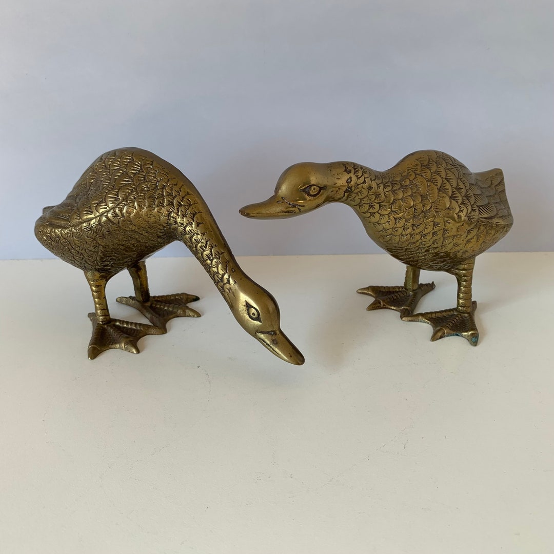 2 BRASS GOOSE DUCKS, Solid Brass Bird Figure Statues, Indoor or Outdoor ...