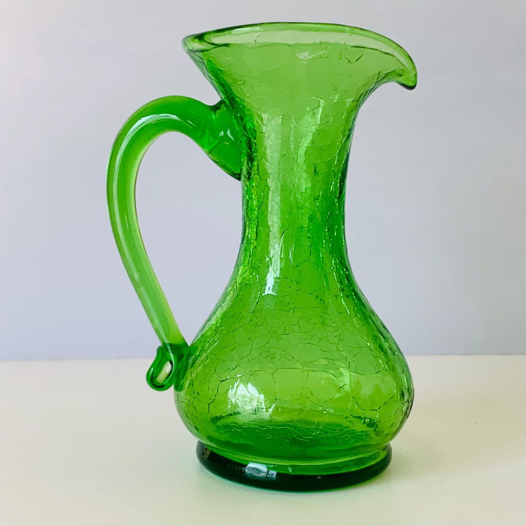 GREEN CRACKLE GLASS Small Pitcher Creamer, Green Glass Pitcher With ...