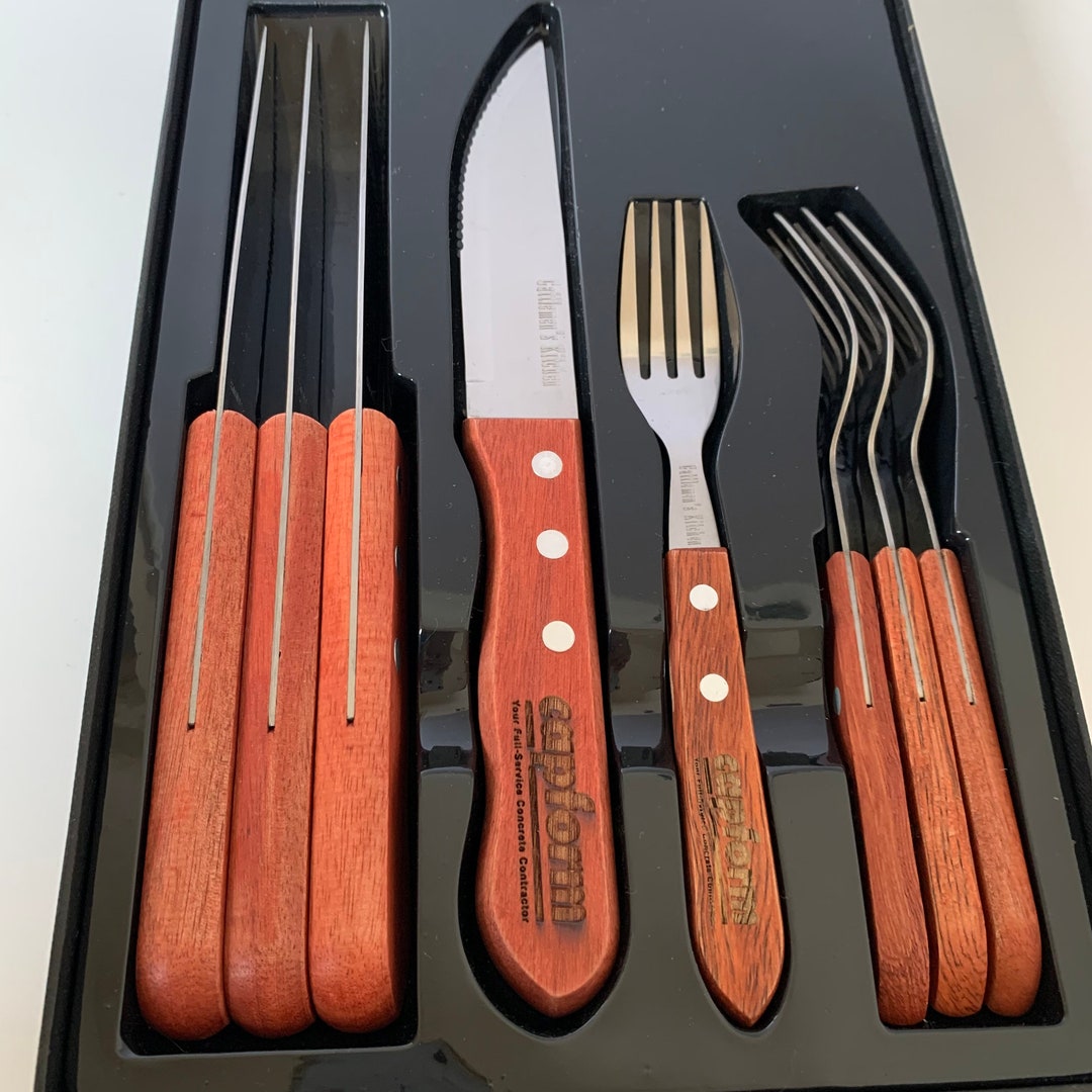 8 Pc STEAK DINNER SET, 4 Steak Knives and 4 Steak Forks With Wood Handles, 8 Pc Steak Knives Set ...