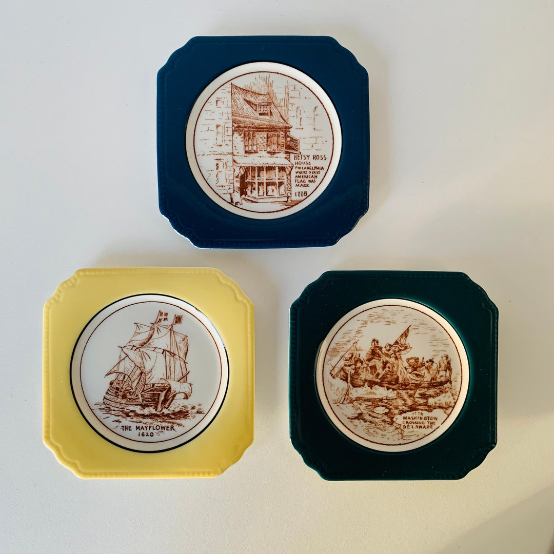 3 AMERICAN HISTORY Small Plates Coasters, Vintage Syracuse China Mini ...