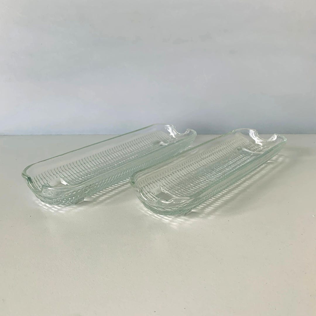 2 GLASS CORN COB Holders, Corn on the Cob Clear Pressed Glass Dish Bowl ...