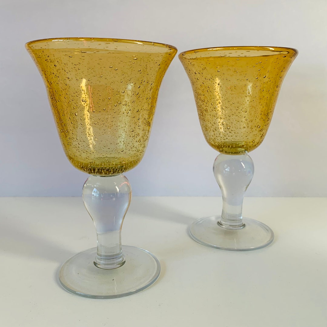 2 BUBBLE GLASS GOBLETS, Water Wine Goblets, Amber Gold Bubble Glass ...