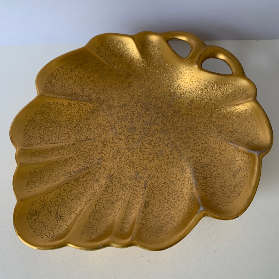 GOLD ENCRUSTED DISH, Vintage Pickard Gold Rose Daisy Embossed Shell ...