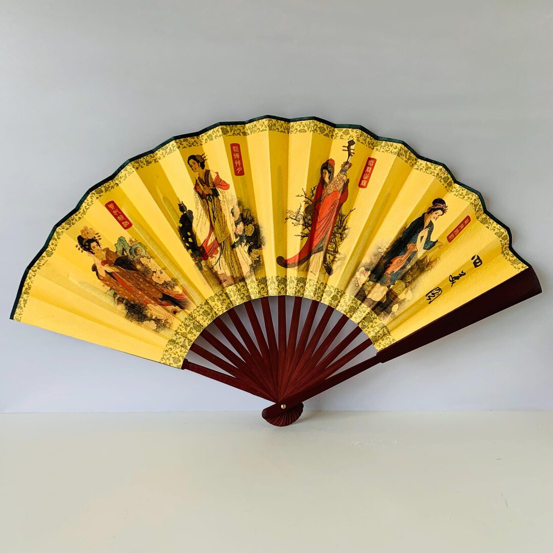 LARGE FOLDING FAN, 22" Wide Hand Fan, Wood and Paper Asian Art and ...
