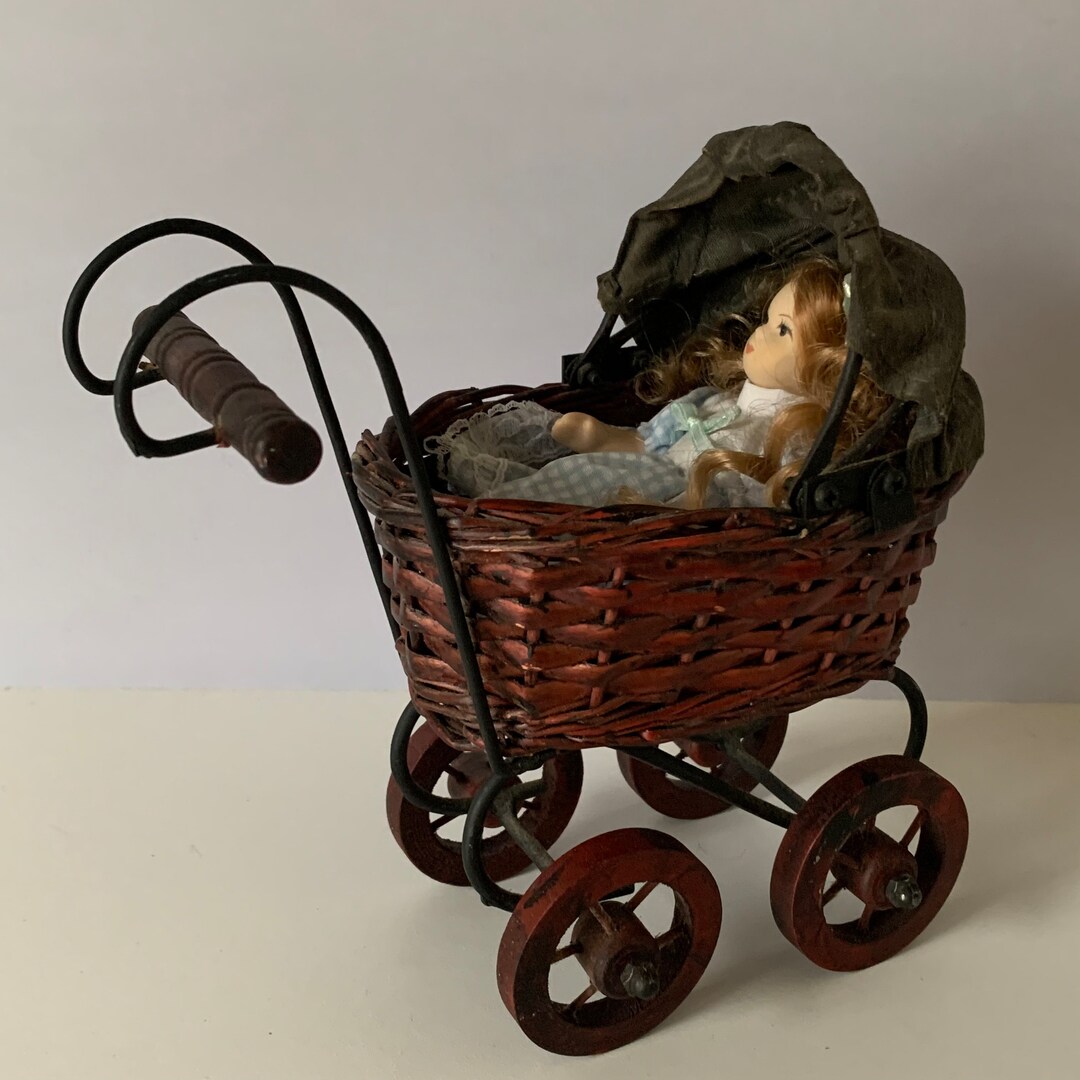 TOY CARRIAGE and DOLL, Small 7 H Wicker Doll Carriage Buggy, Antique ...