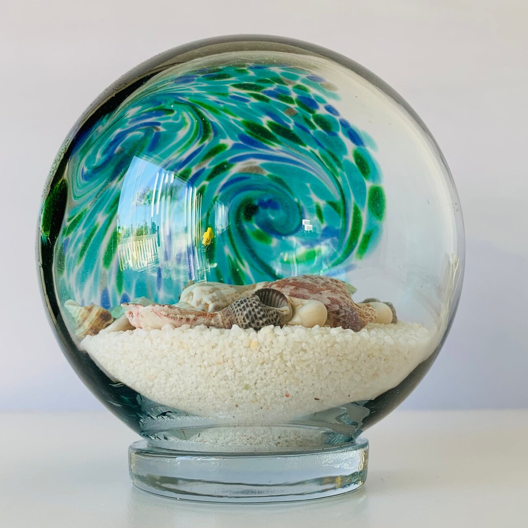 GLASS GLOBE SHELLS and Sand, Handblown Art Glass Footed Glass Ball ...