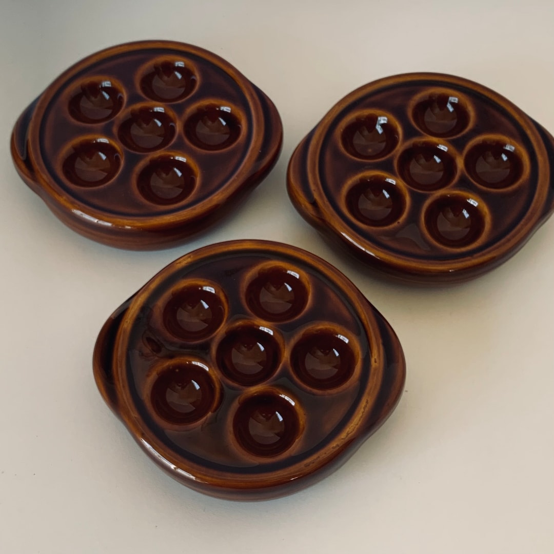 3 ESCARGOT DISHES, Honey Glaze Ceramic Snail Escargot Bowls Dishes, 6 ...