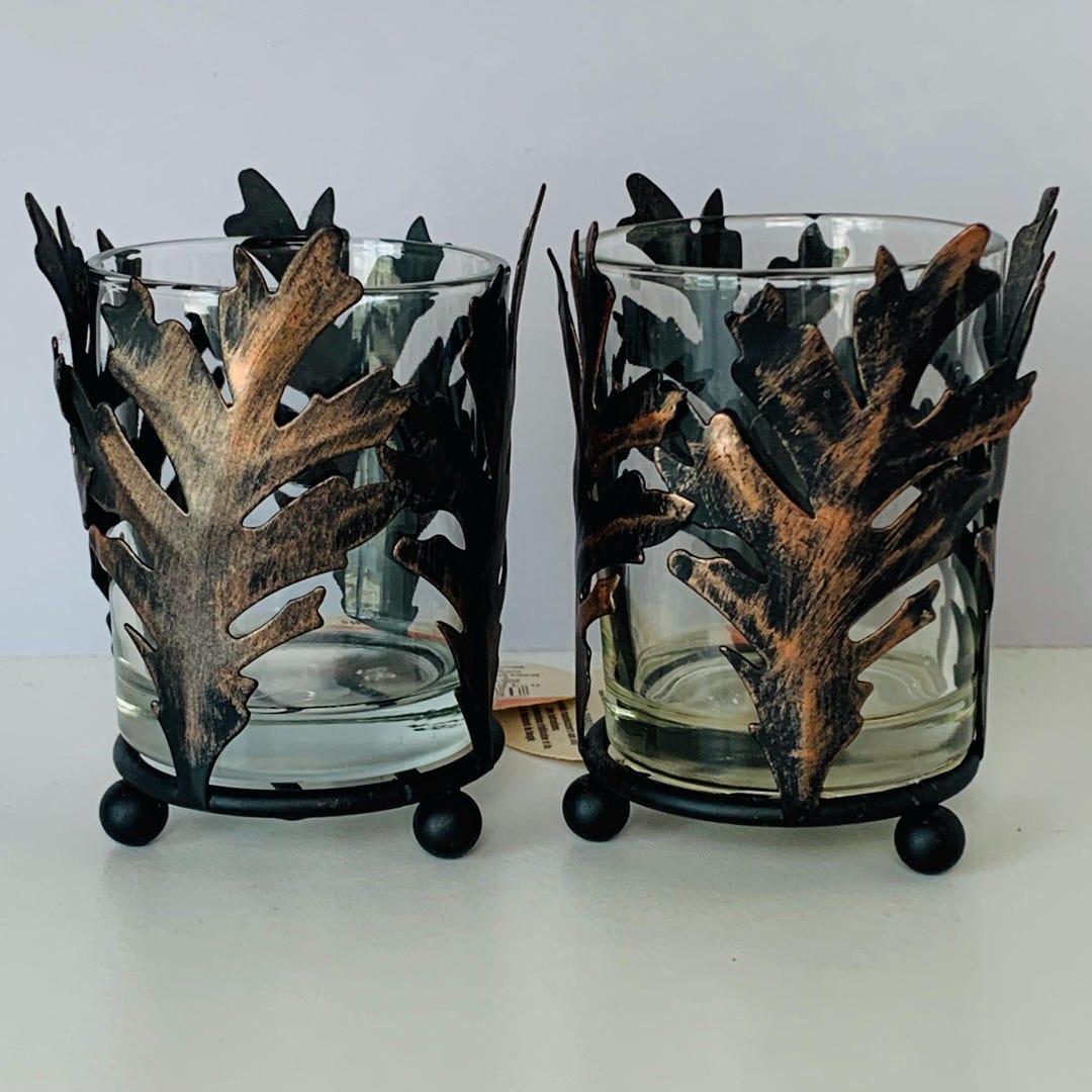 HARVEST HOME CANDLE Holders, Metal Cut Out Leaves Votive Candle Holders ...