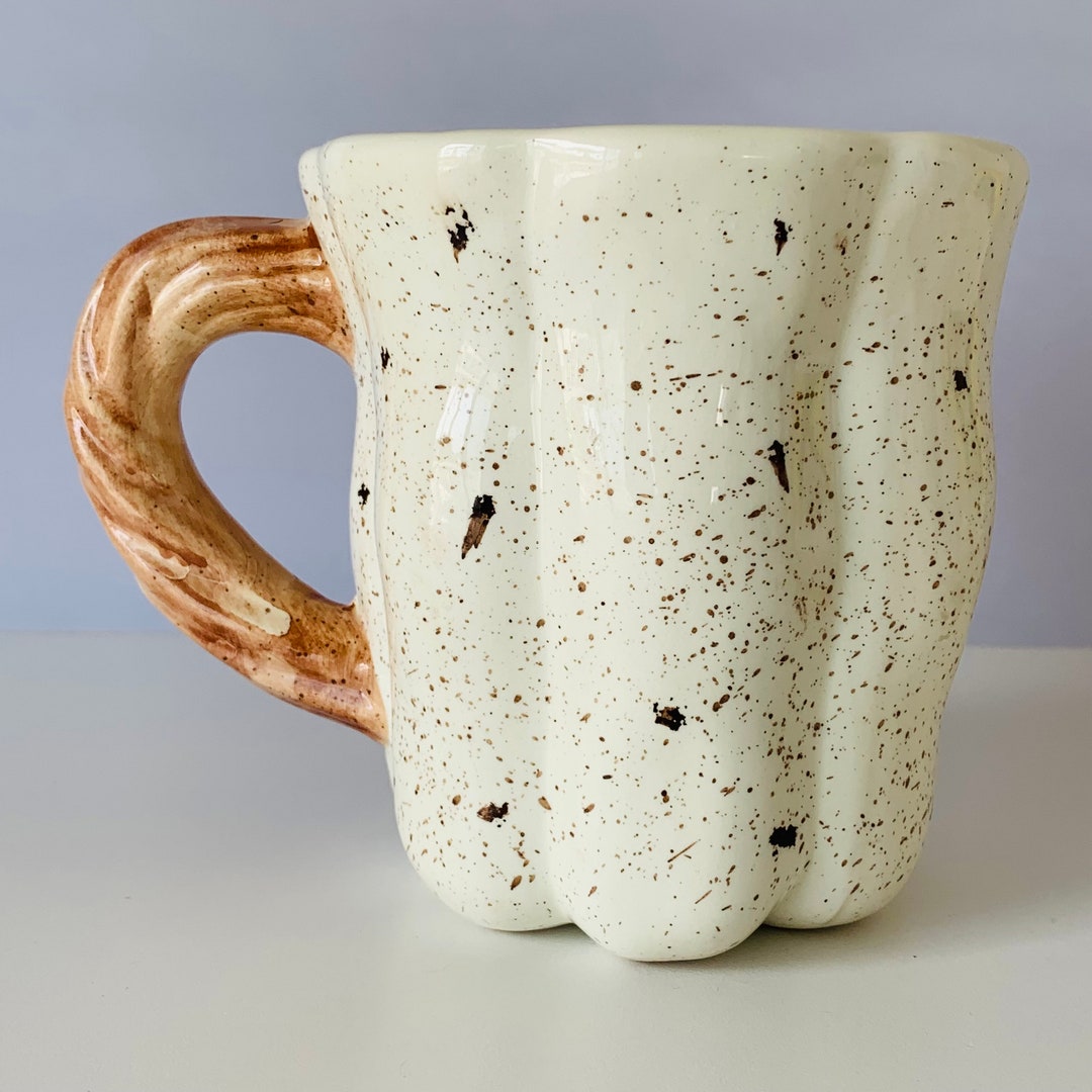 MELON STEM HANDLE Hand Painted Mug, Vintage Melon Shaped Ivory Speckled ...