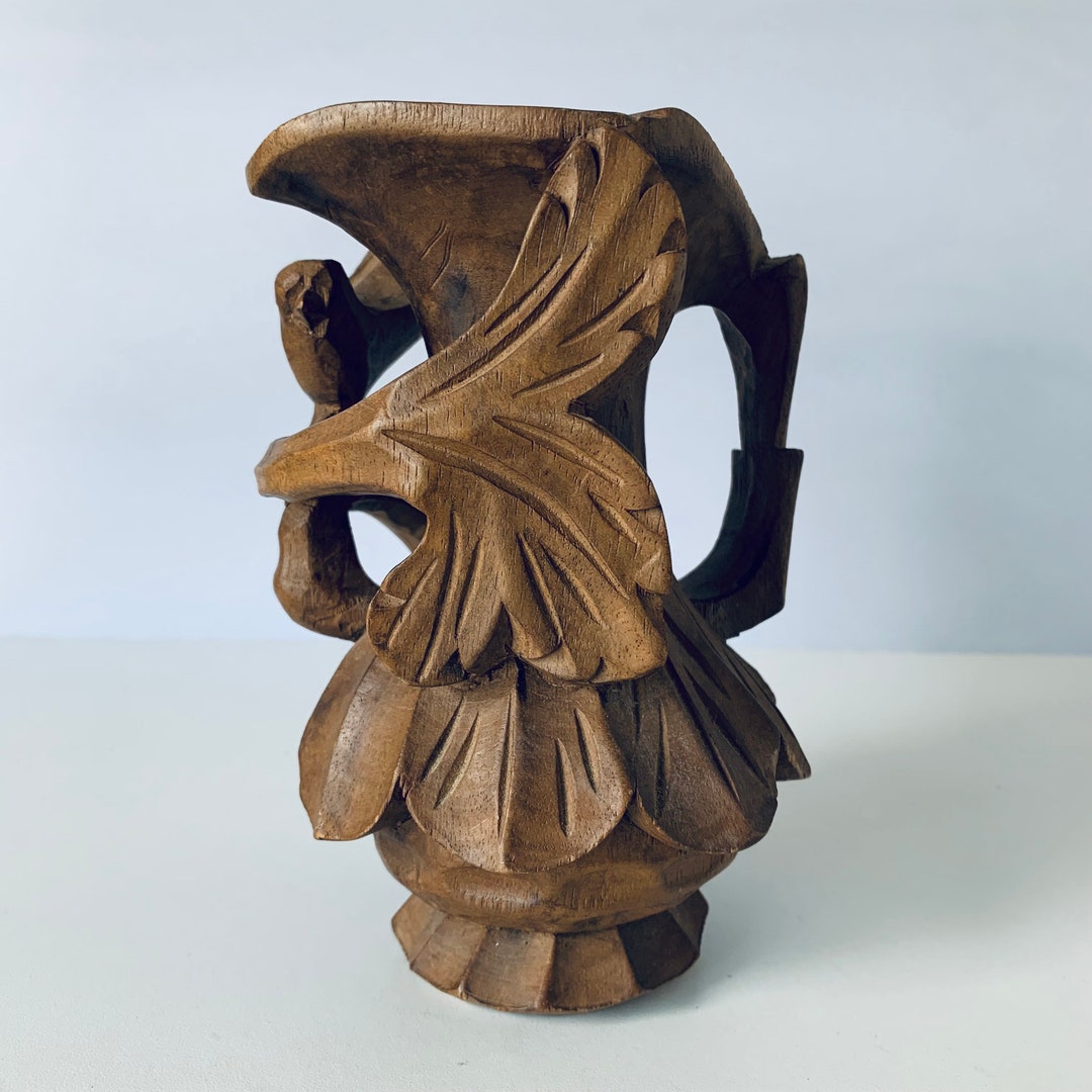 HAND CARVED WOOD Decorative Pitcher, Carved Solid Wood Handled Pitcher ...