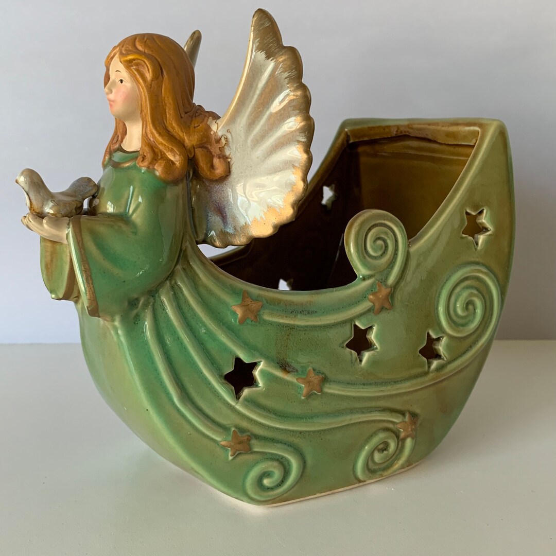 CERAMIC ANGEL CANDLE Holder Planter, Glazed Stoneware Angel Boat With ...