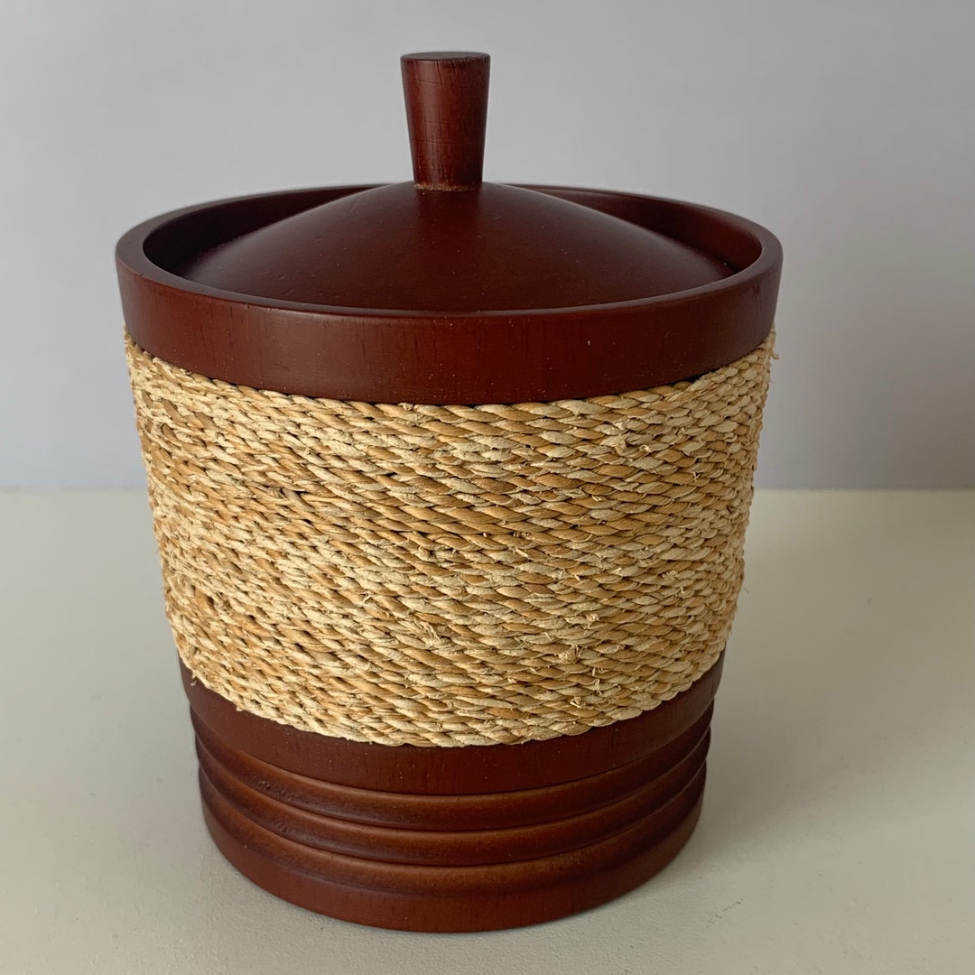 WOOD and ROPE BOX, Round Wood Box W Wood Lid N Handle, Trinket Stach ...