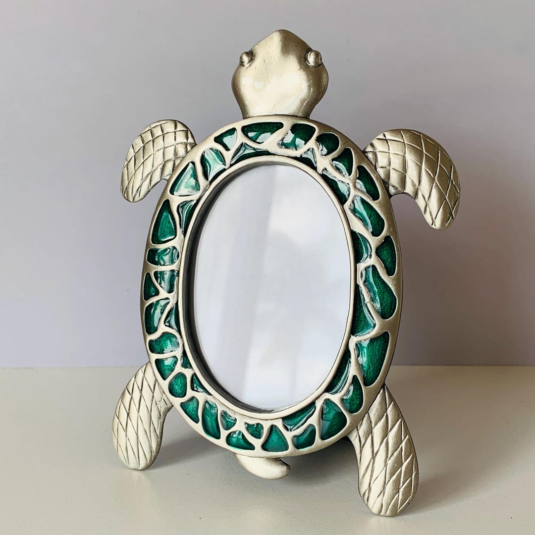 OVAL ENAMEL TURTLE Frame, Turtle Shaped Brushed Silver Metal and Teal ...