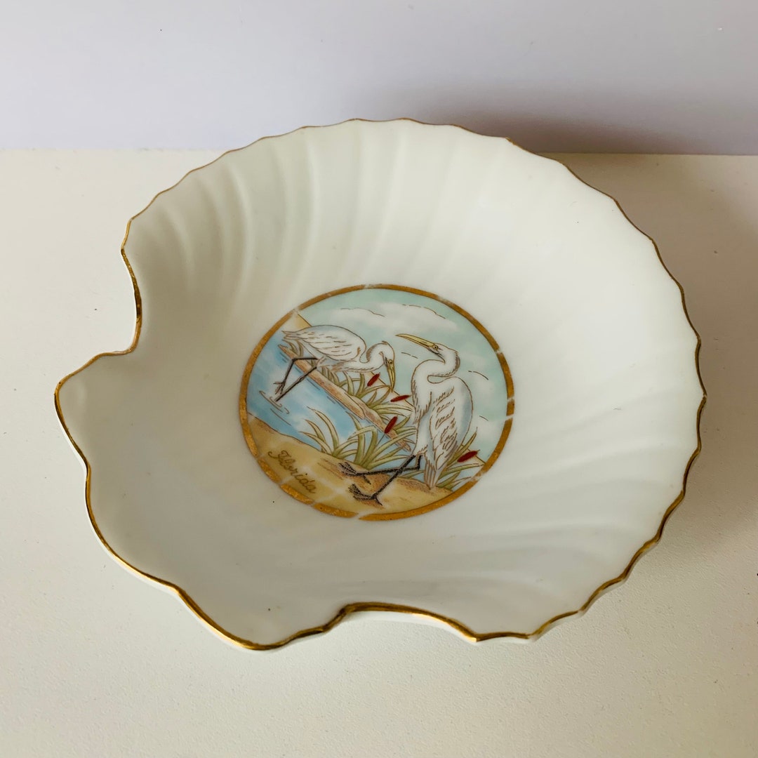 LEFTON SHELL SHAPE Dish, Egret Heron Bird Art Soap Dish, Nuts Candy Bowl, Lefton China Gold Trim ...