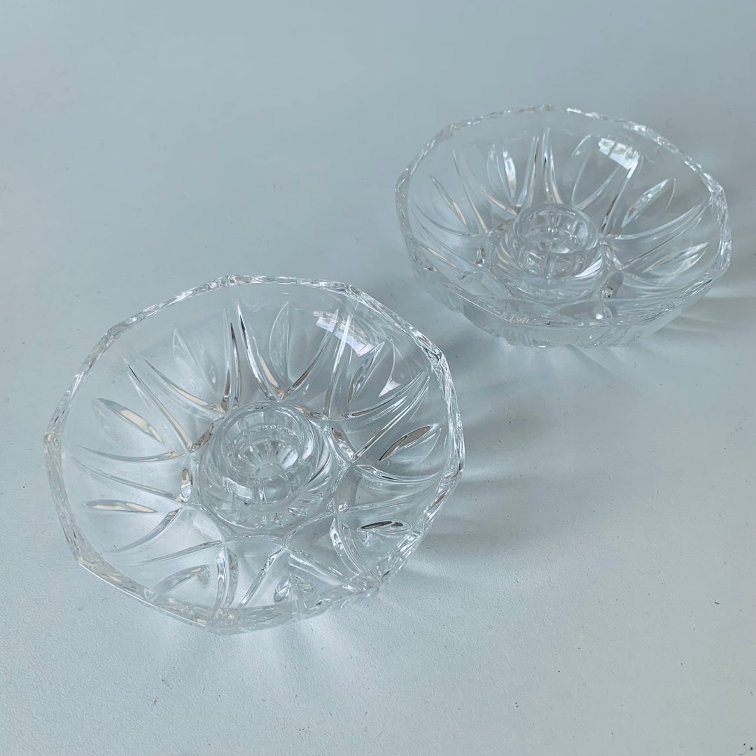 2 PRESSED GLASS TAPER Candle Holders, Set of 2 Starburst Cut Glass ...
