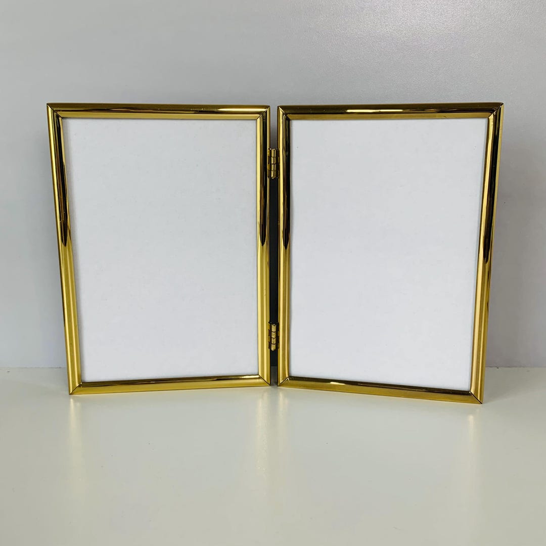 DOUBLE PHOTO FRAME, Vintage Gold Finish Hinged Double Picture Frame ...