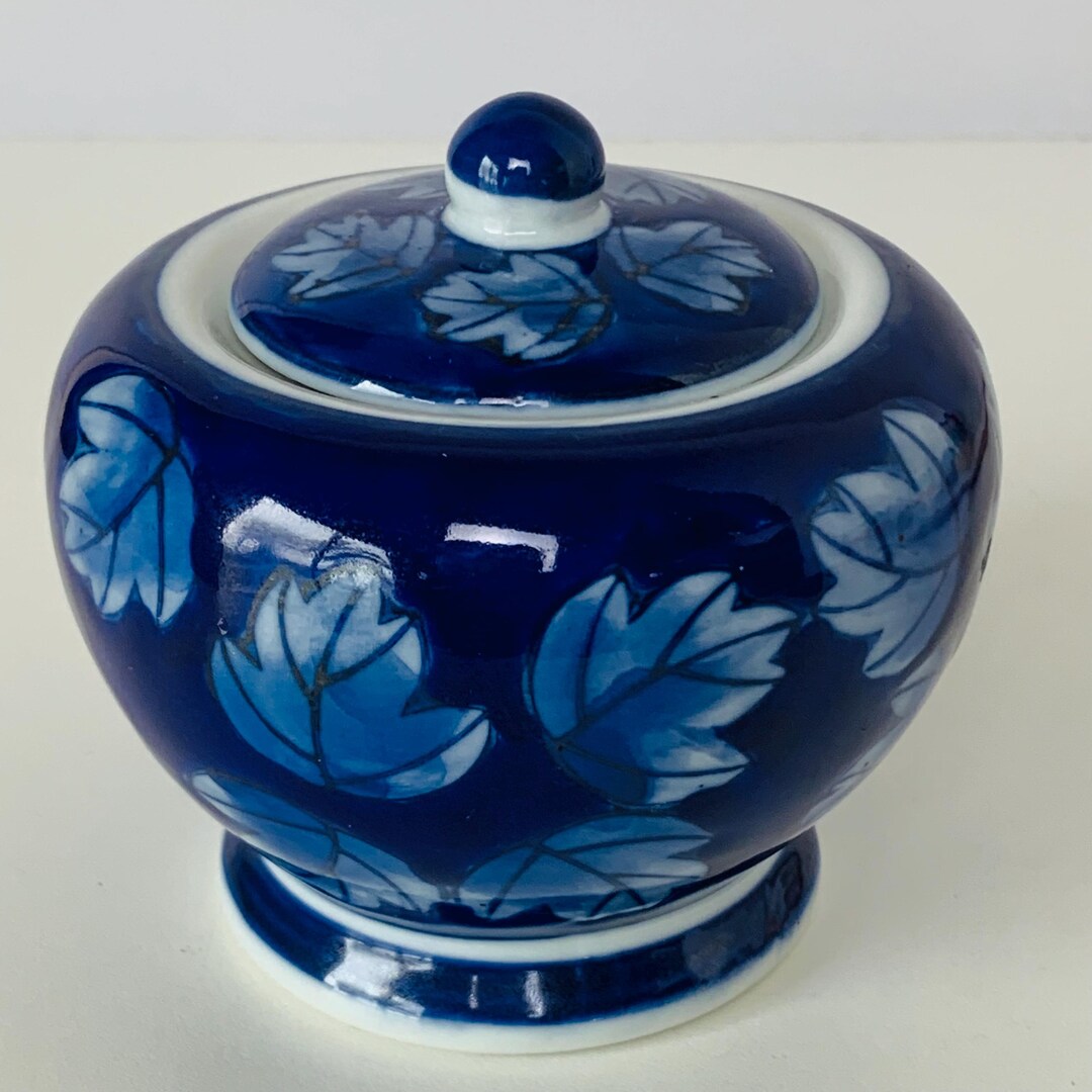 DESIGNPAC BOWL With LID, Cobalt Blue and White Leaf Pattern Trinket Jar ...
