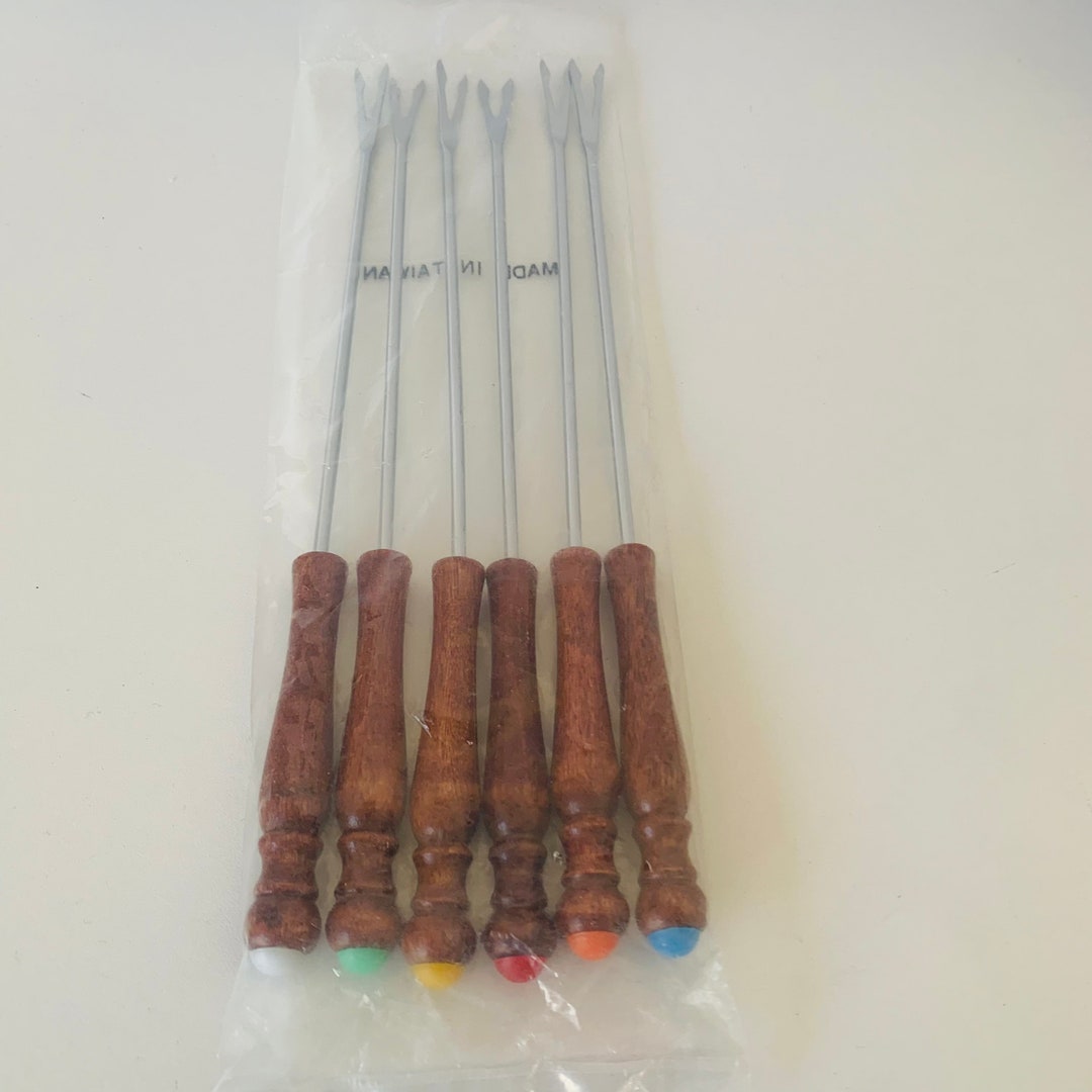 6 FONDUE FORKS WOODEN Handles, Turned Wood Handle Colored Tips Fondue ...