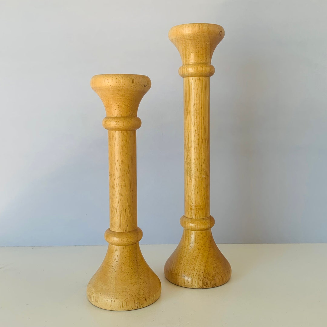 WOOD CANDLESTICK HOLDERS, Carved Wooden Taper Candle Holders With Metal ...
