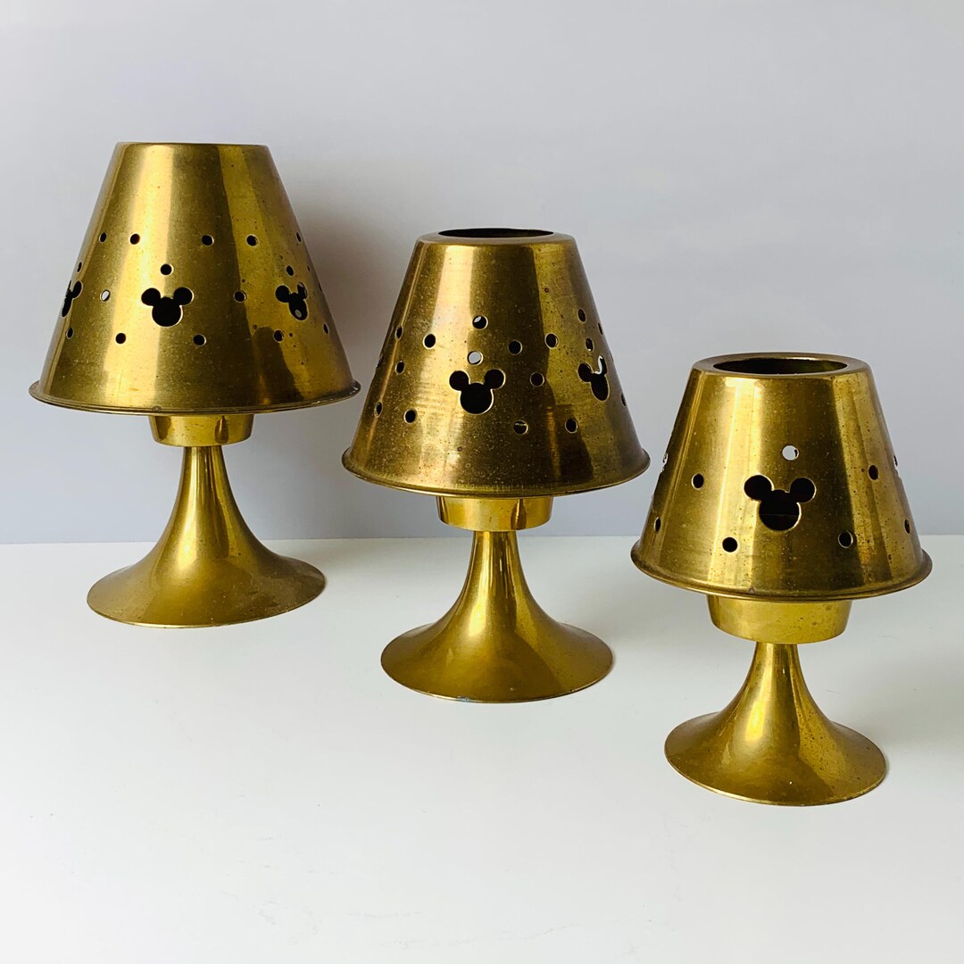 3 BRASS LAMPS, Set of 3 Brass Disney Tea Light Candle Lamps With Shades ...