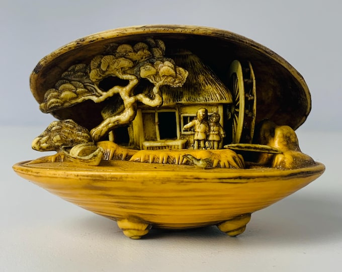 CLAM SHELL DIORAMA, Carved Celluloid Clam Shell Waterwheel Bonsai Tree ...