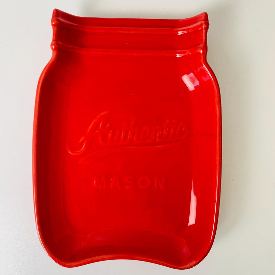 MASON JAR SPOON Rest, Home Essentials Jar Shape Embossed Red Ceramic ...
