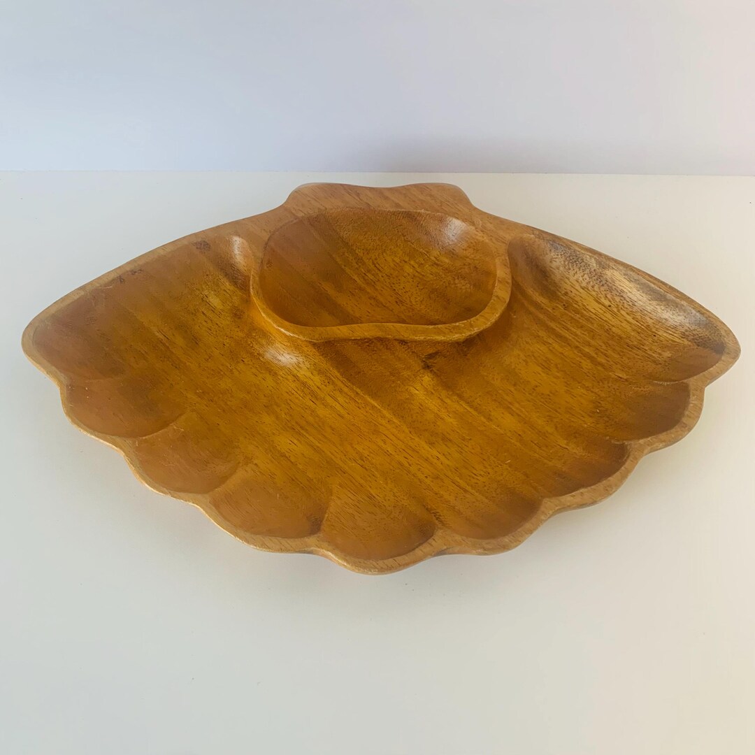 SEASHELL SHAPE WOOD Bowl, Dolphin Genuine Monkey Pod Wood Divided Bowl ...