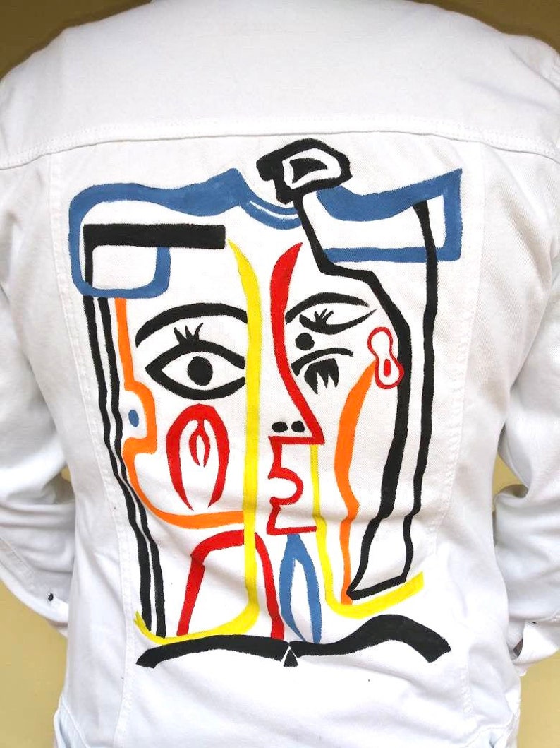 Picasso Inspired White Denim Jacket, Size Large, Soft Stretch Denim ...