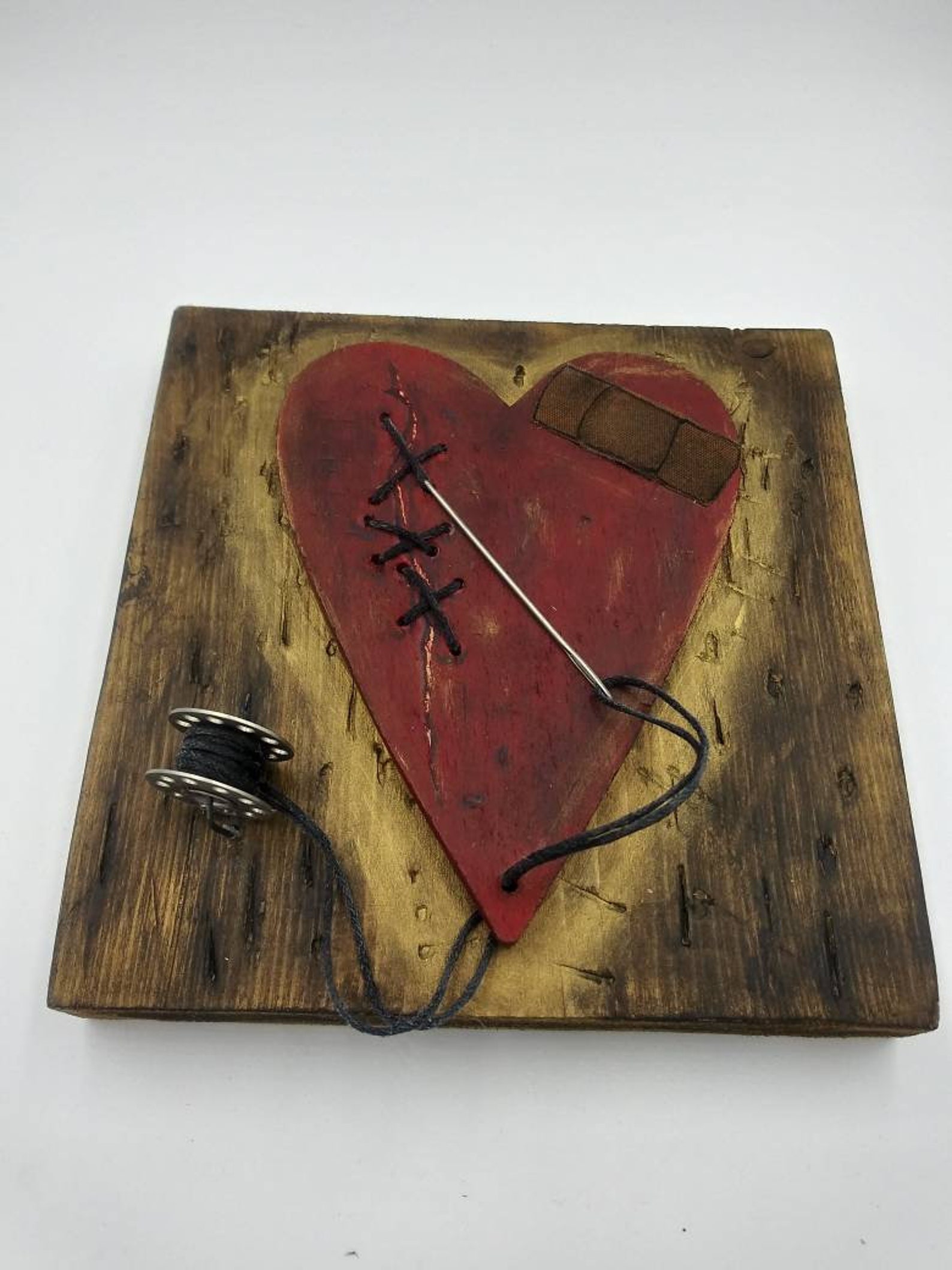 Mending a heart 5x5 wooden canvas mixed media sculpture and | Etsy