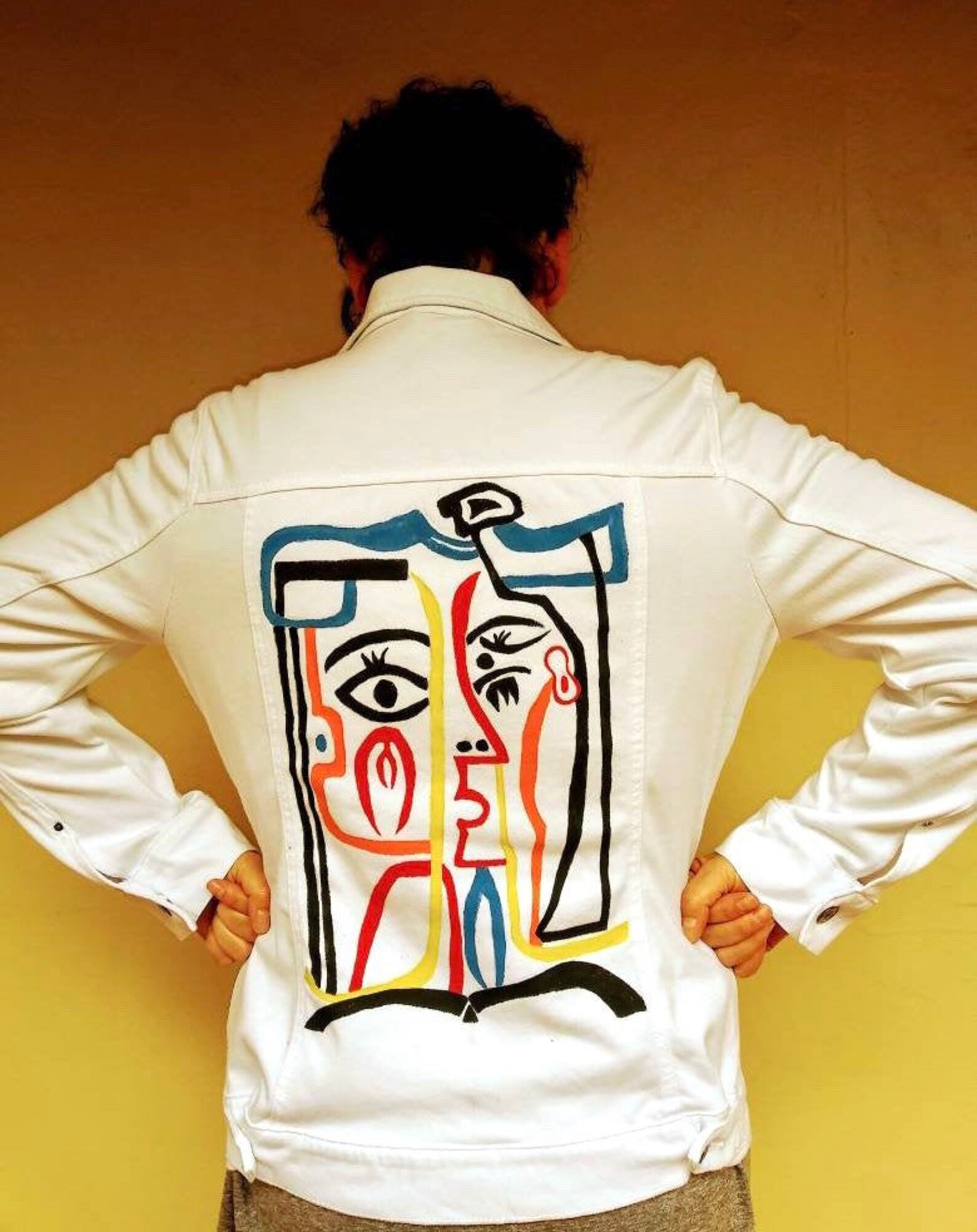Picasso Inspired White Denim Jacket, Size Large, Soft Stretch Denim ...