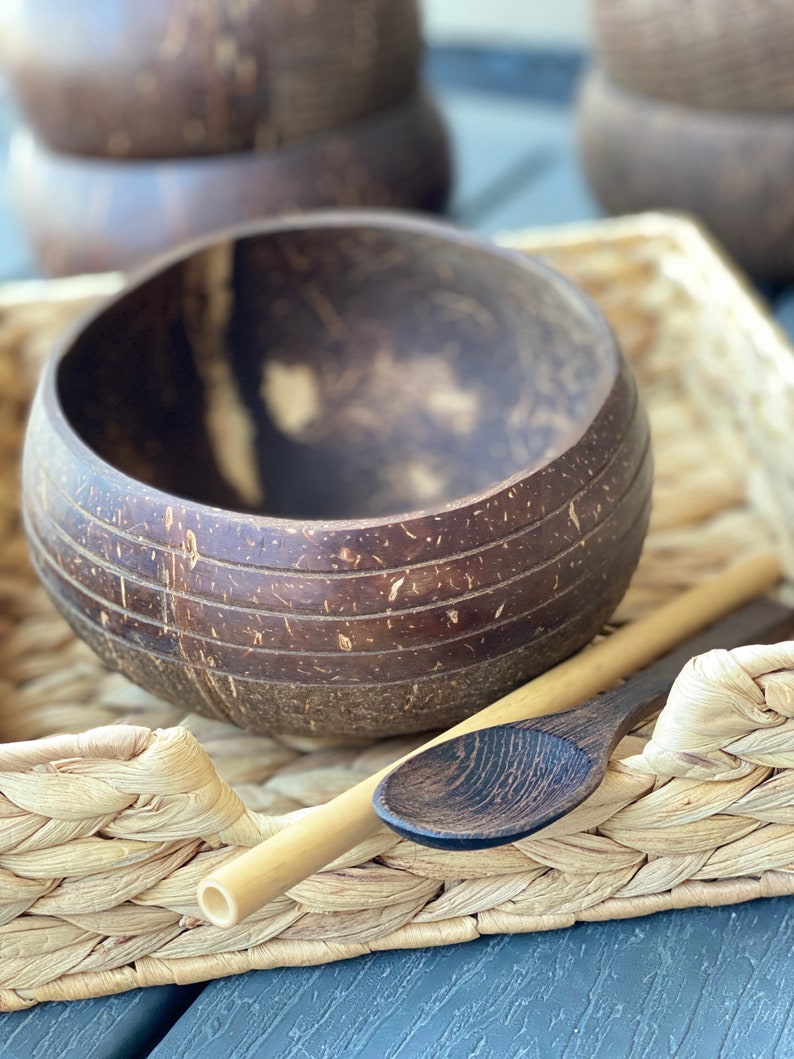 Natural Coconut Shell Bowls W/ FREE 1 Spoon 2 Bamboo Straws | Etsy