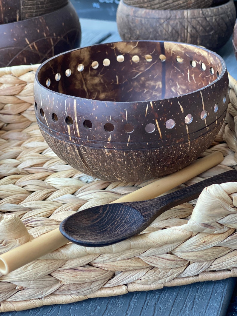 Natural Coconut Shell Bowls W/ FREE 1 Spoon 2 Bamboo Straws | Etsy