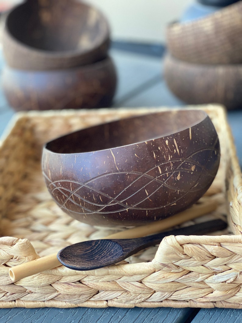 Natural Coconut Shell Bowls W/ FREE 1 Spoon 2 Bamboo Straws | Etsy