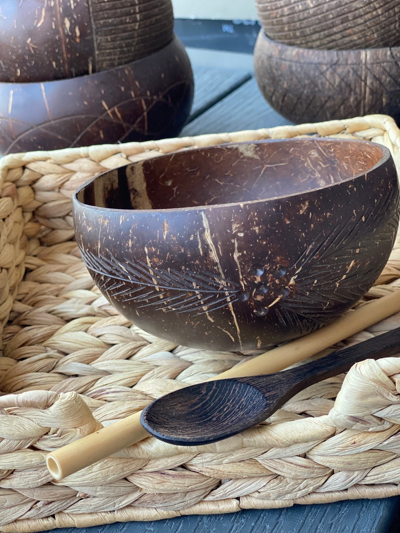 Natural Coconut Shell Bowls W/ FREE 1 Spoon 2 Bamboo Straws | Etsy