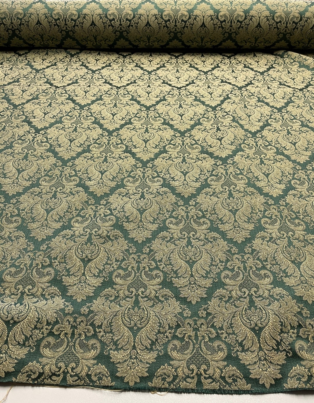 Dark Green Damask Fabric With Light Yellow Pattern for - Etsy