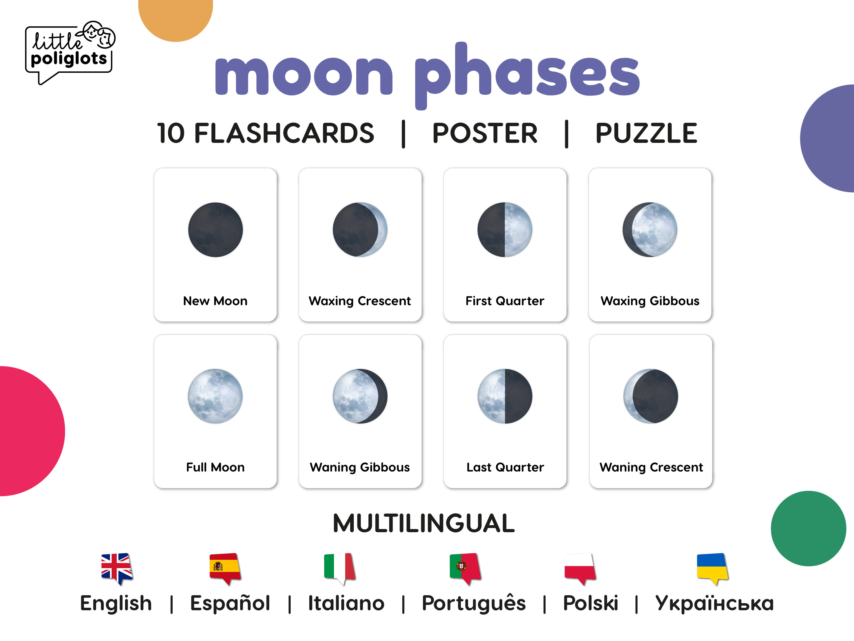 Moon Phases Montessori 3-part Cards: Multilingual Flash Cards With ...