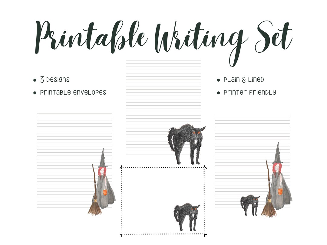 Halloween Witch Writing Paper Set, Instant PDF Download, Witches Cat ...