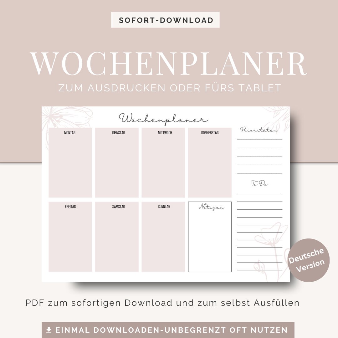 Weekly Planner, Digital Download for Printing/tablet, Minimalist Weekly ...