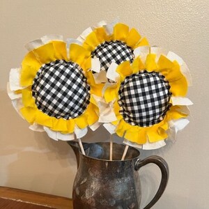Sunflower Pokes, 3 Rag Flowers, Crock Sunflowers, Rag Sunflowers, Plaid ...