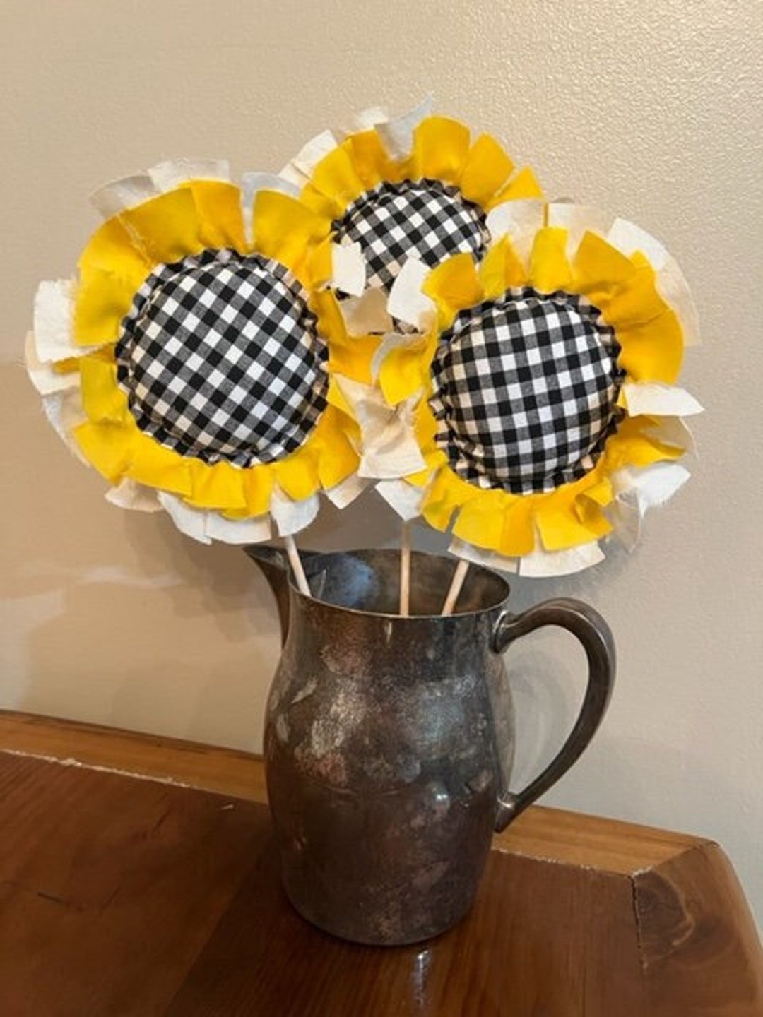 Sunflower Pokes, 3 Rag Flowers, Crock Sunflowers, Rag Sunflowers, Plaid ...