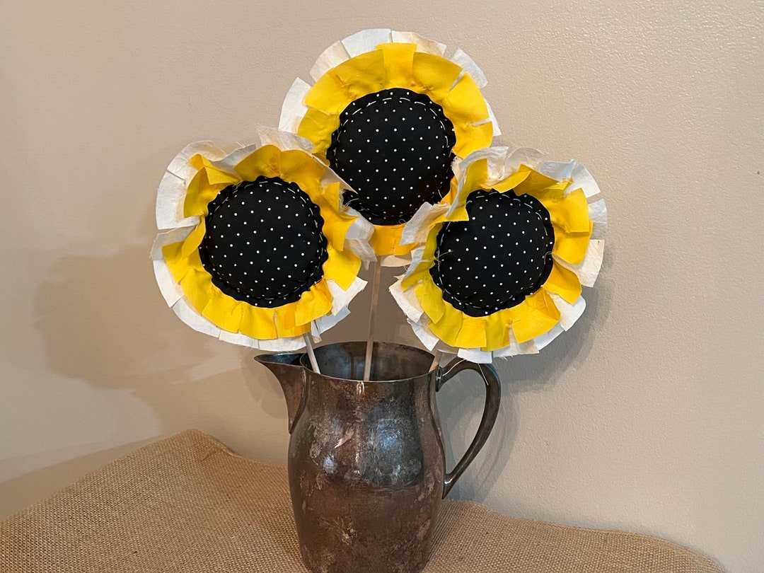 Sunflower Pokes, 3 Rag Flowers, Crock Sunflowers, Rag Sunflowers, Fall ...