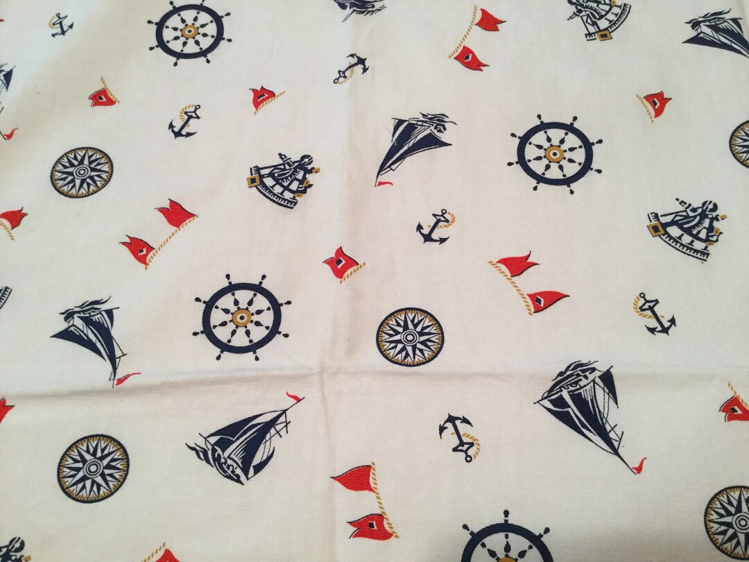 Vintage Nautical Fabric White With Red and Blue Designs - Etsy