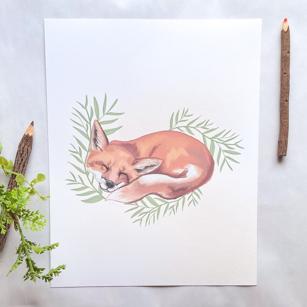 Sleepy Fox Print, Fox Digital Download, Fox Drawing, Fox Wall Art, Cute ...