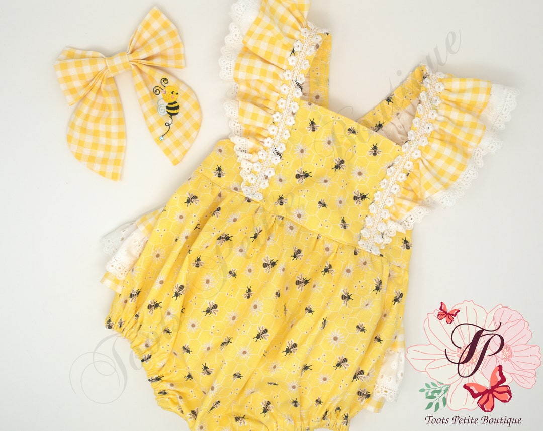 Honey Bee Birthday Romper Ruffle Bottoms,yellow Bee Print, Baby Toddler Pigtails Personalized ...