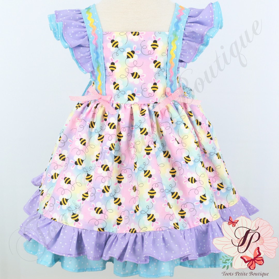 Spring Dress Bumble Bee Bunnies Pastel Pink Rainbow Watercolor Fabric ...