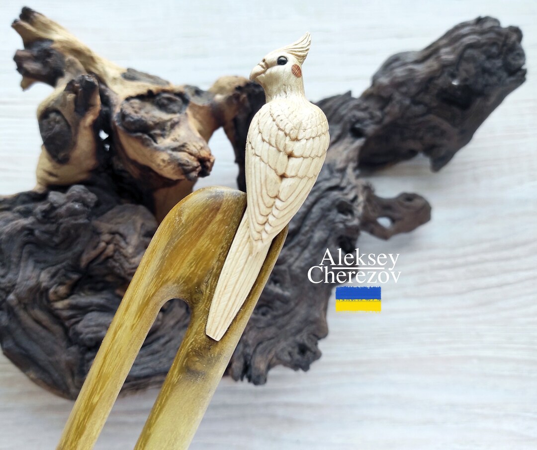 Corella Parrot. Wooden Hair Fork. Hair Stick Sparrow. Carved Hair ...