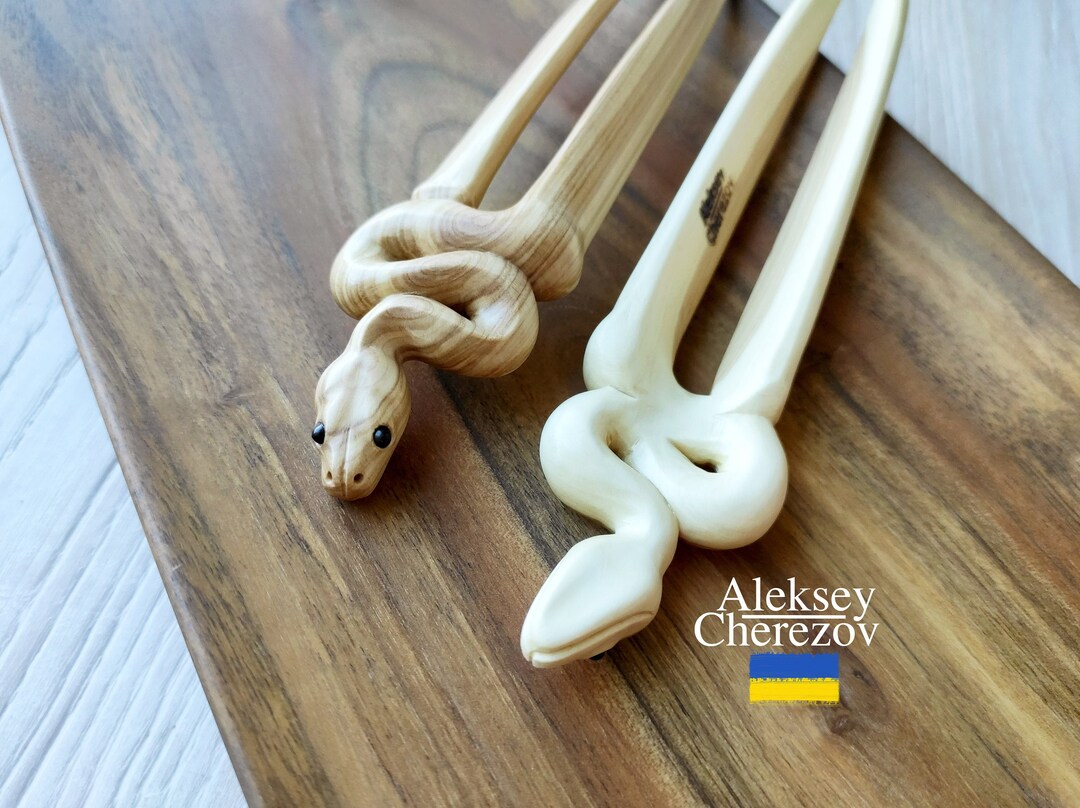 Natural Lilac & Boxwood Wooden Hair Fork, Carved Snake Stick for Long ...