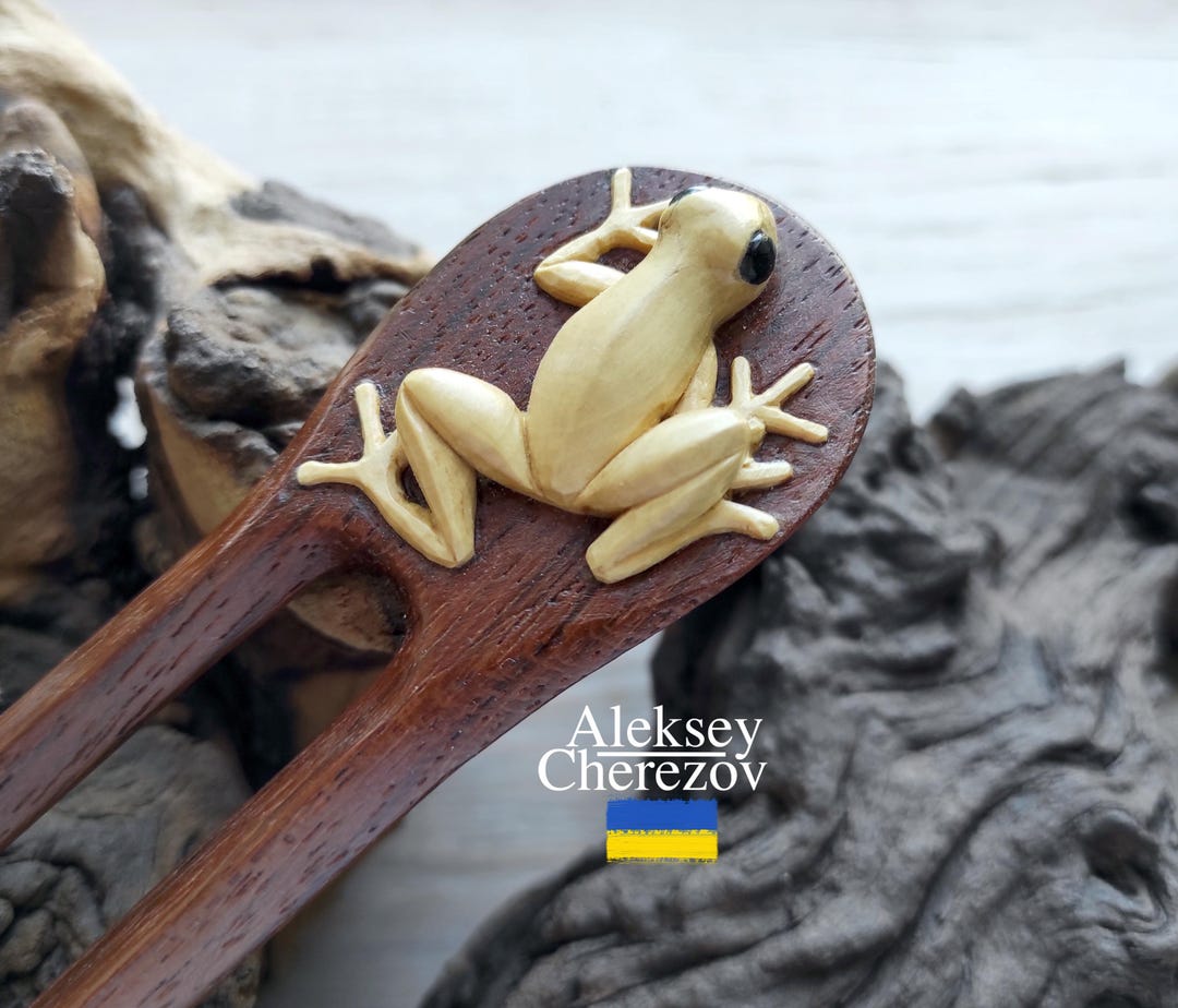Frog. Wooden Hair Fork. Toad - Hair Stick . Carved Hair Chopsticks ...