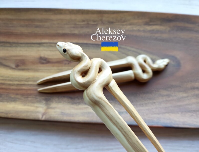 Natural Lilac & Boxwood Wooden Hair Fork, Carved Snake Stick for Long ...